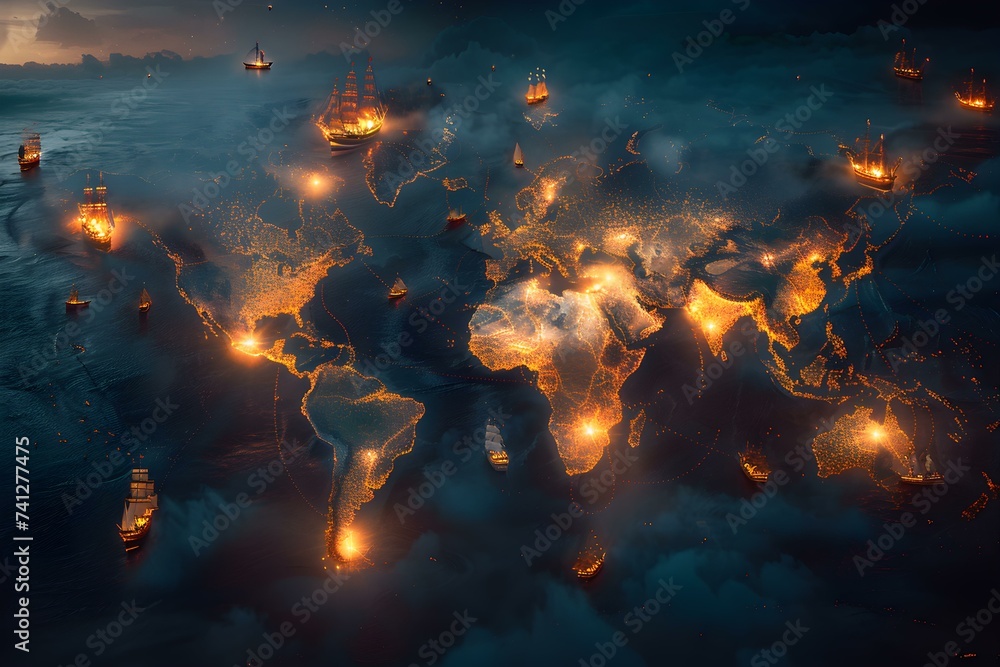 Illuminated World Map Illustrating Global Trade with Trade Routes and ...