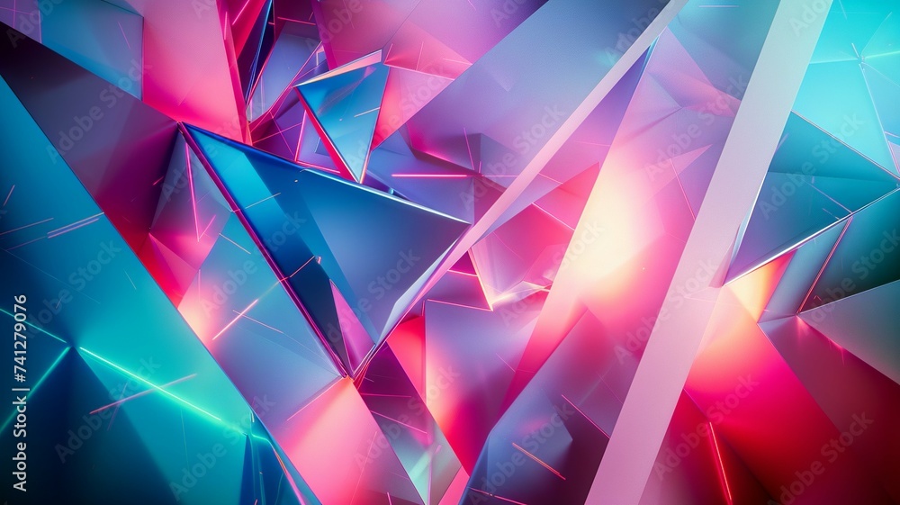 Dynamic abstract composition with geometric elements and vibrant colors, featuring triangular ...