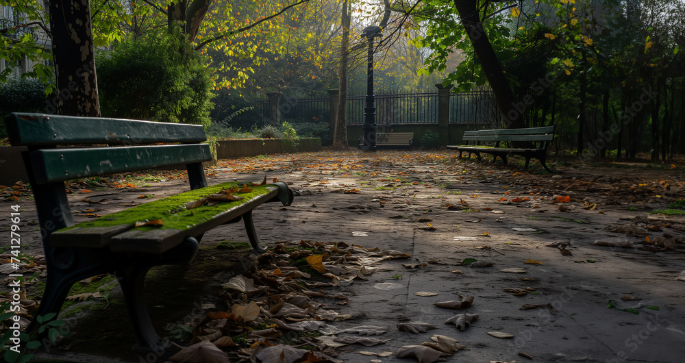 Deserted park with old broken park bench with trees and leaves on the ...