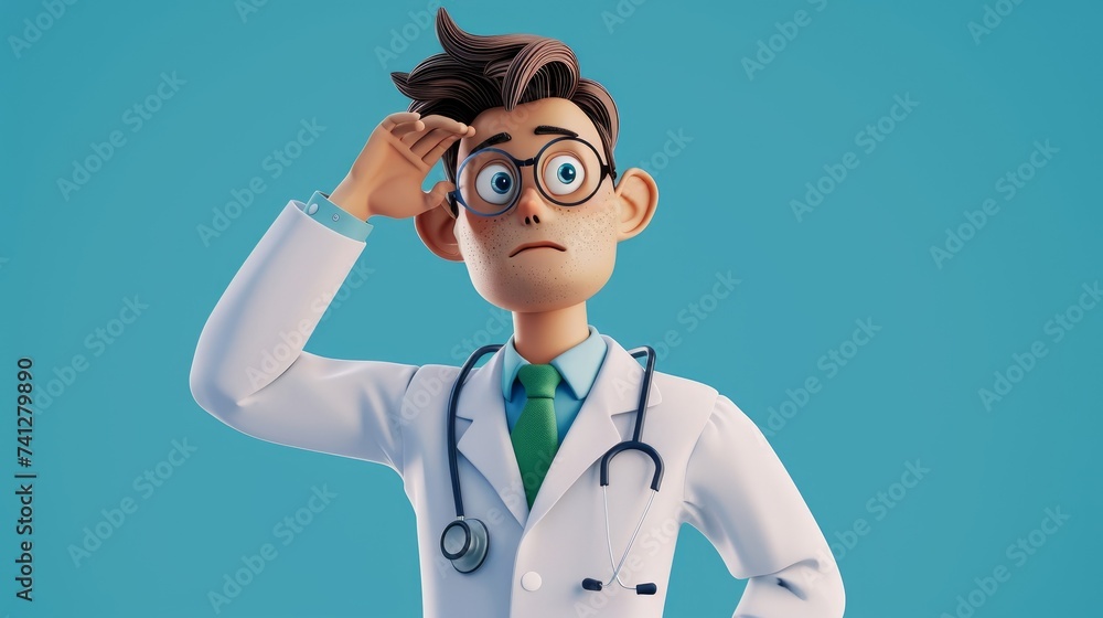 Cartoon character male doctor confused. Thinking man touches head and ...