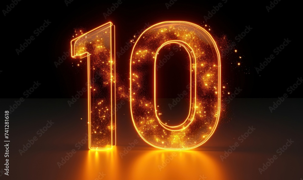 3d render, abstract sparkling linear number ten, glowing digit 10 ...