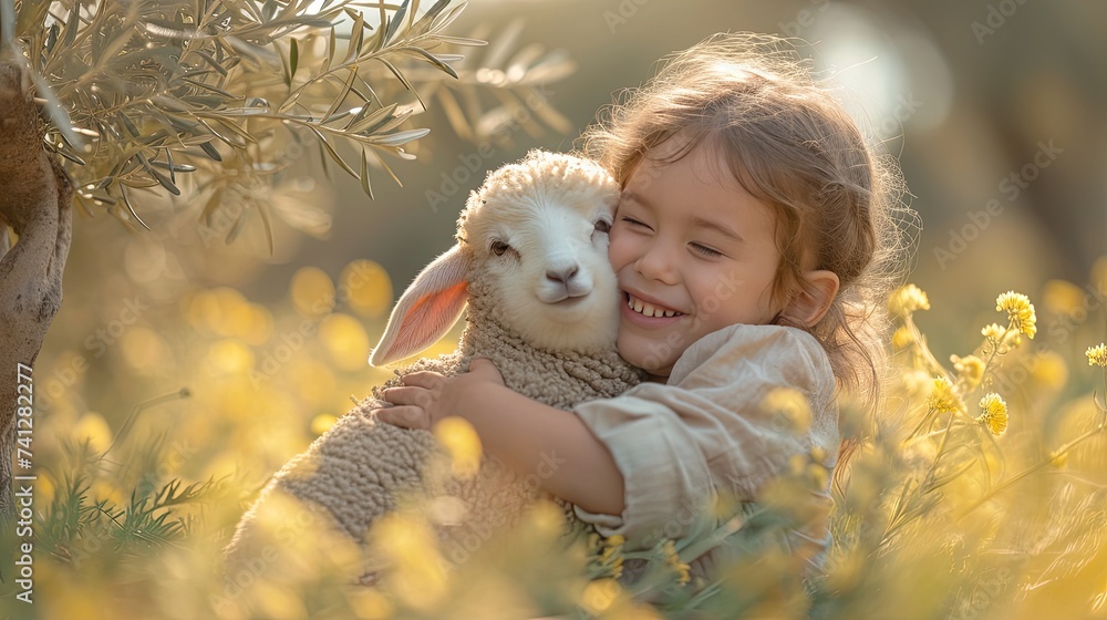 Little girl hugging a cute small white lamb in green field under olive ...