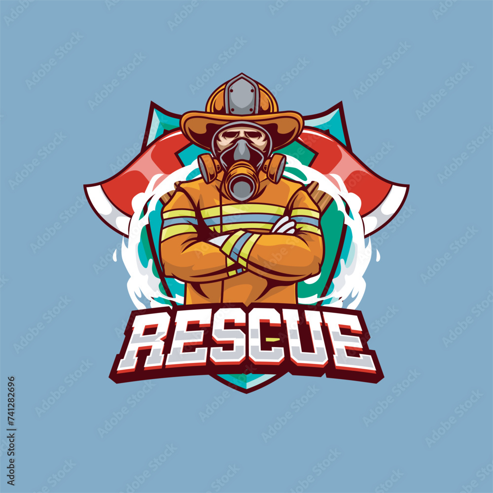 Vector Illustration Fire Fighter Wearing Mask with Two Axes and RESCUE ...