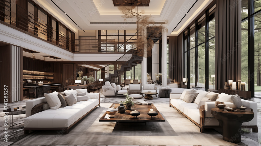 Modern Elegance: Chinese Villa Living Room Design with Hollow Ceiling ...