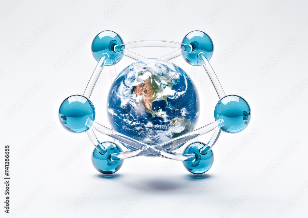 Earth Globe at the Center of a Molecular Structure of Water. World ...