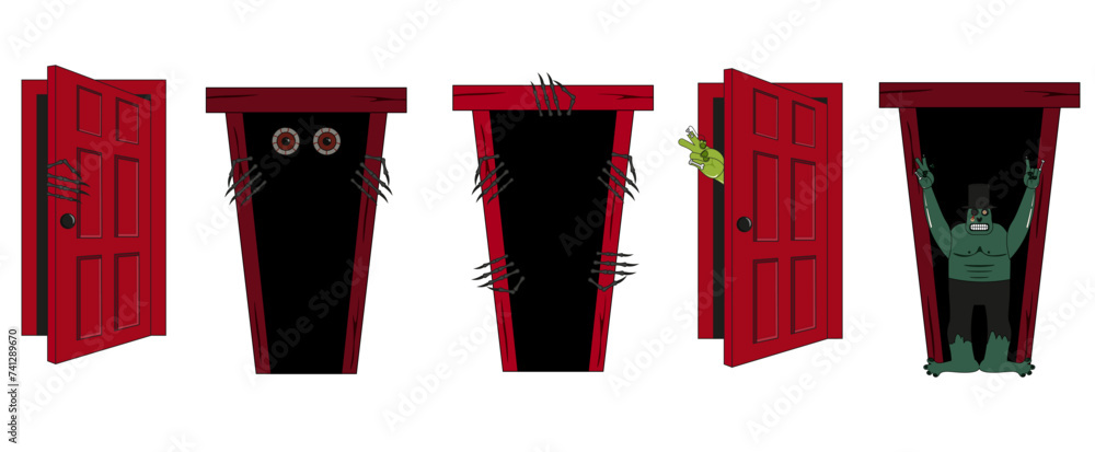 Red scary Door set isolated on white background. Collection Open Red ...