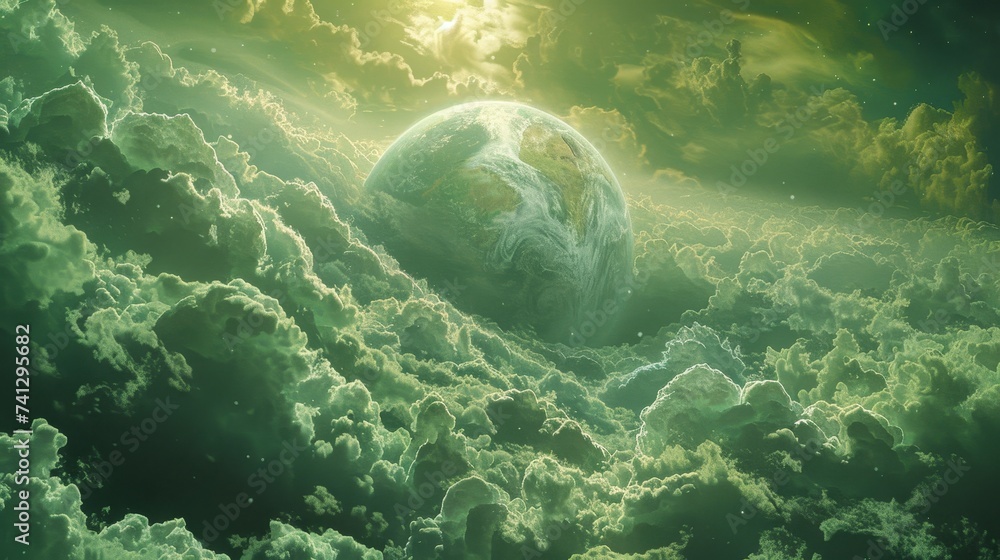 Environmental planet orbit, Amidst the cosmos, a verdant planet orbits ...
