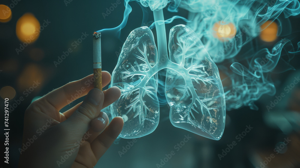 Smoker hand holding a smoking cigarette next to lungs full of smoke ...
