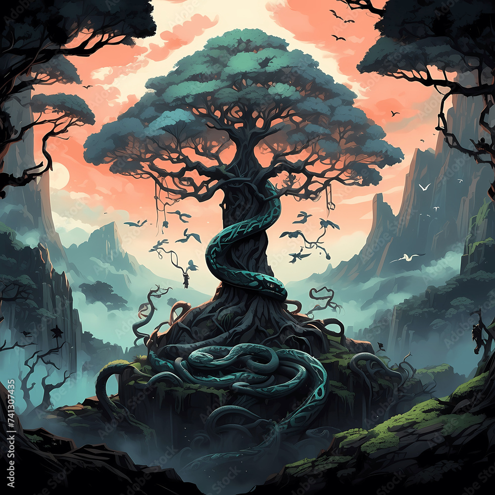 an otherworldly engraving of a tree entwined with serpents and eyes ...