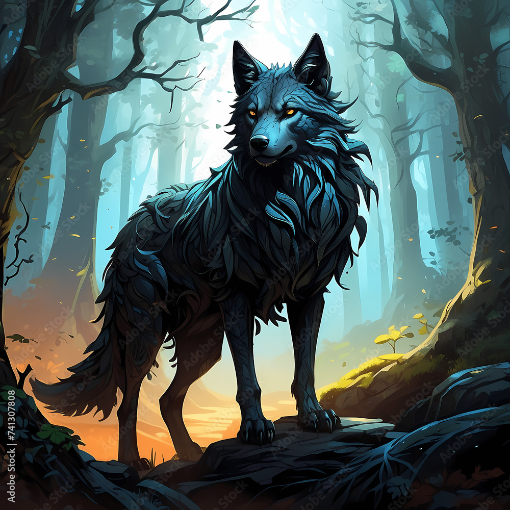 an engraving of a spectral wolf standing amidst twisted trees in a dark ...