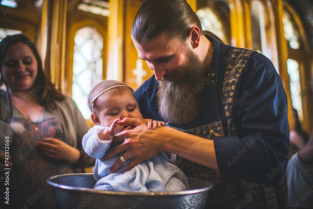 Orthodox priest baptizing a newborn baby girl in a traditional font of ...