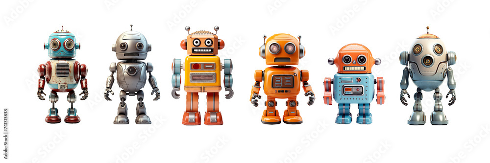 Collection set of vintage robots toys, miniature figurines isolated on ...