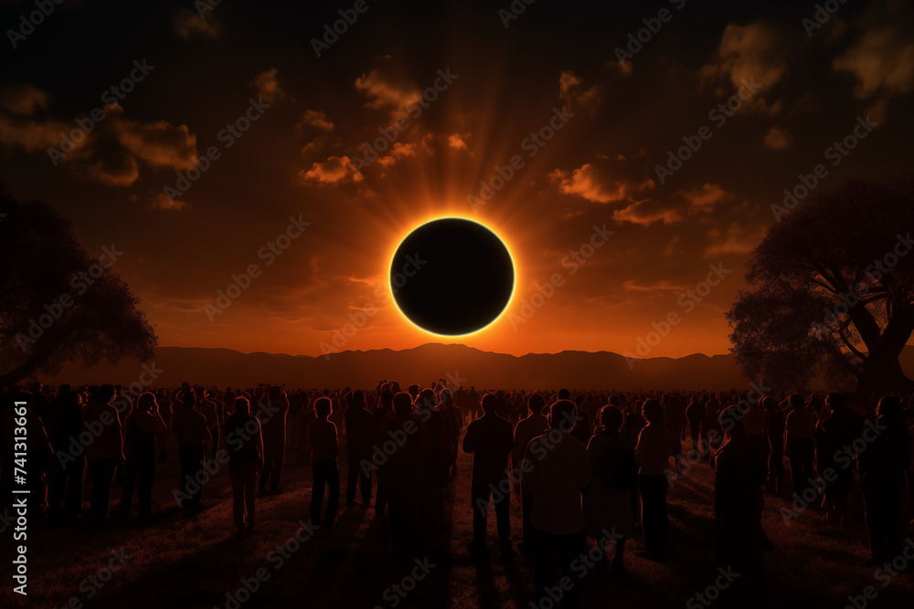 Crowd of people watching an annular solar eclipse, illustration for the ...