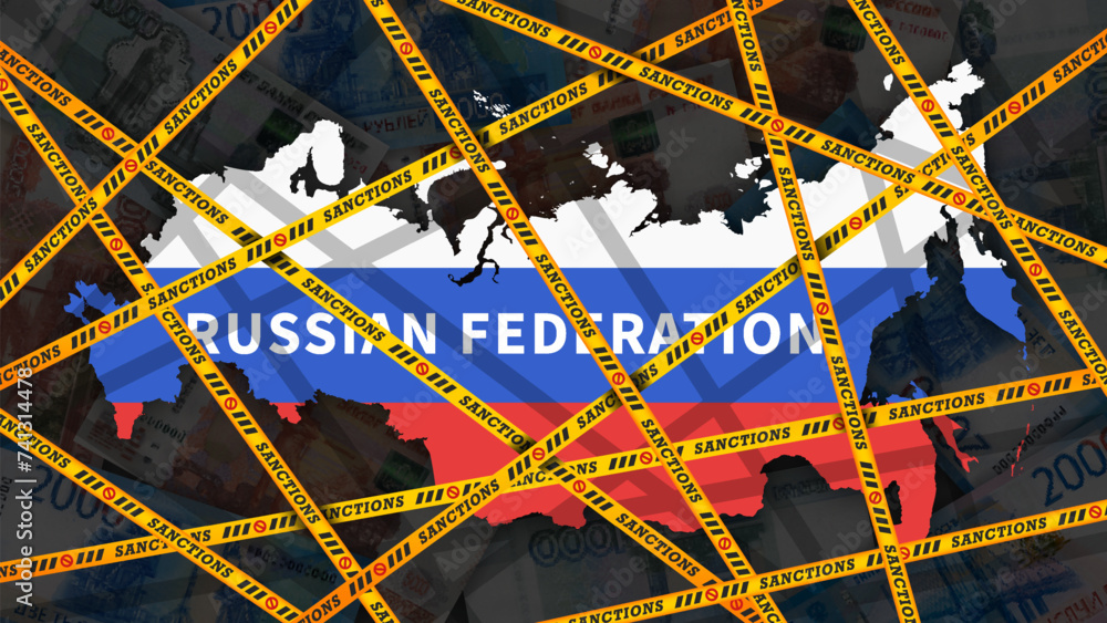 Vector yellow tapes with the inscription, sanctions, wrapped around the ...