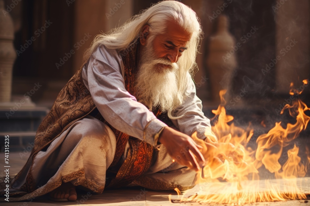 Senior Zoroastrian priest in his 60s performing fire rituals in the ...