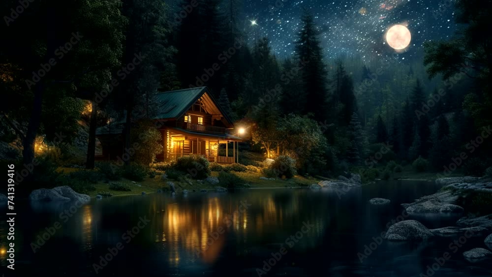 Forest Haven: Small House at night by the Riverside, Tucked Near the ...