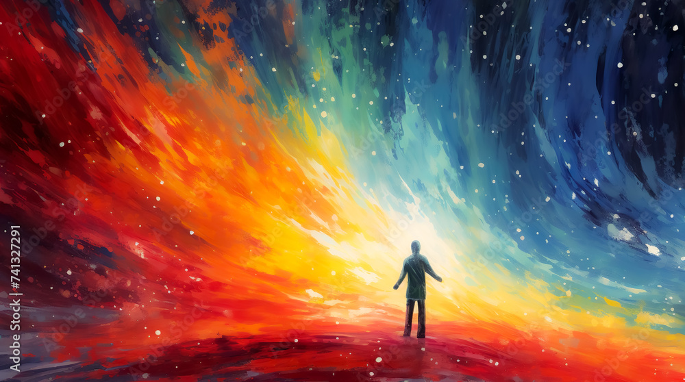 Abstract colorful painting of kid,child ride a bike at fantasy flower field.book cover ...