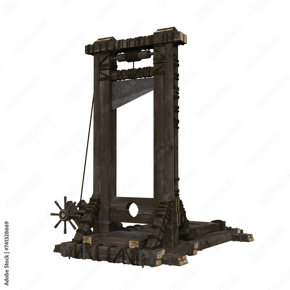 Medieval guillotine with wooden frame, an ancient execution machine for ...