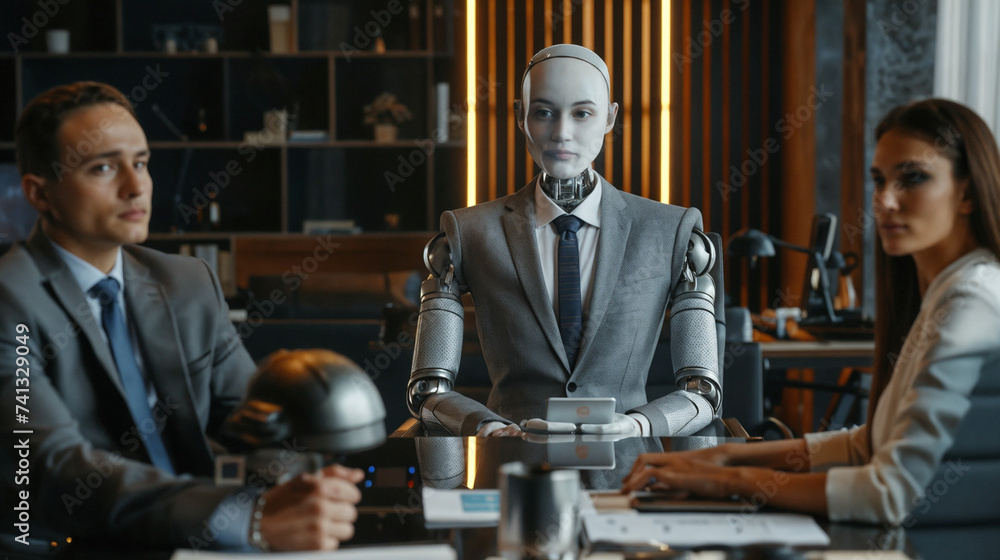 Artificial Intelligence in Modern Workplace, Humanoid Robot in Business Meeting, Human-Robot ...