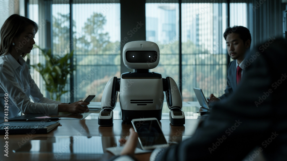 Foto de Artificial Intelligence in Modern Workplace, Humanoid Robot in Business Meeting, Human ...