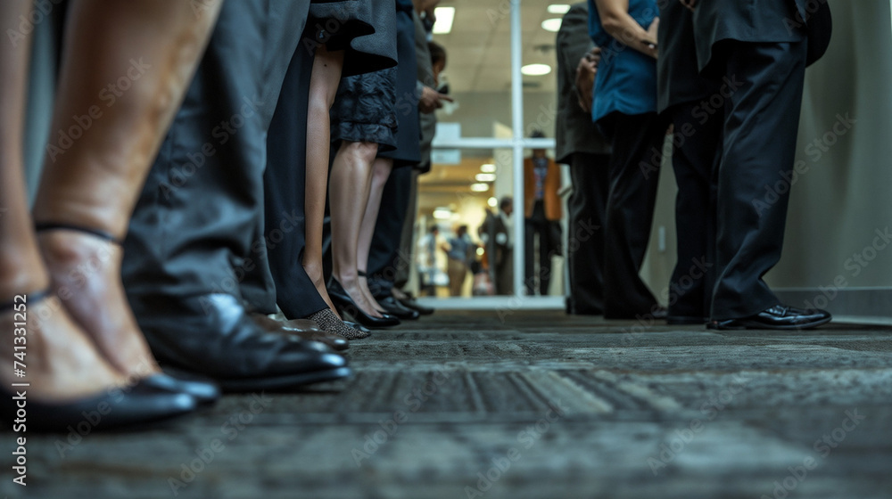 Professional Group Waiting in Line in Office Setting, Showcasing ...