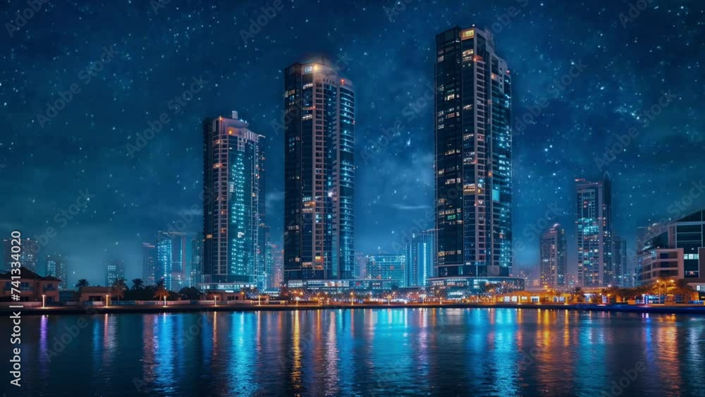 Illustration of skyscrapers with moving clouds, Three beautiful ...