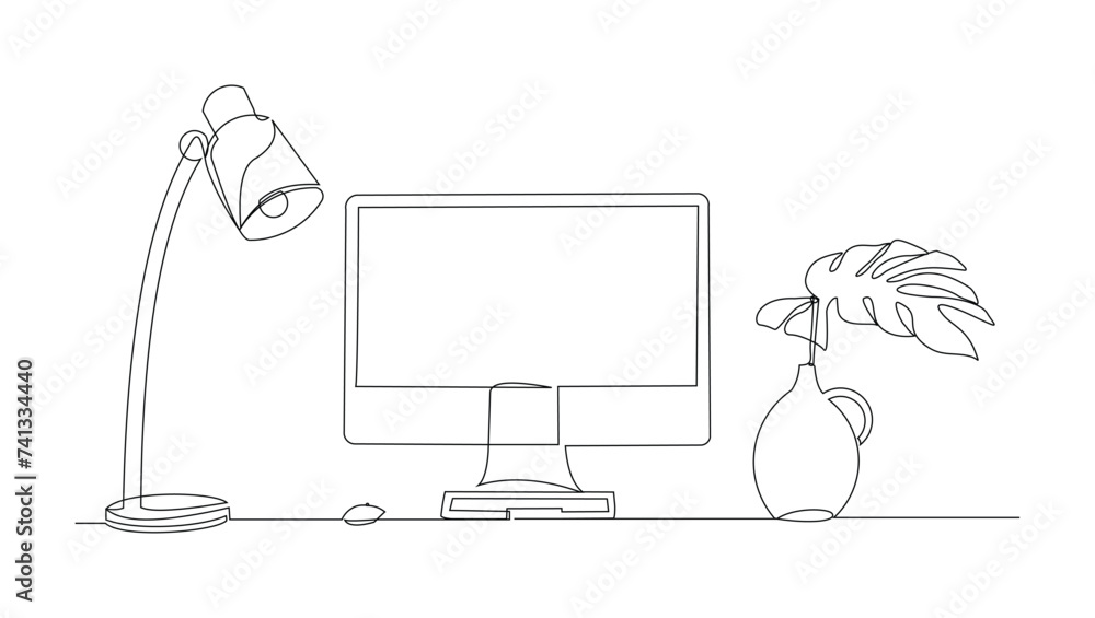Continuous single line sketch drawing of work desk computer monitor ...