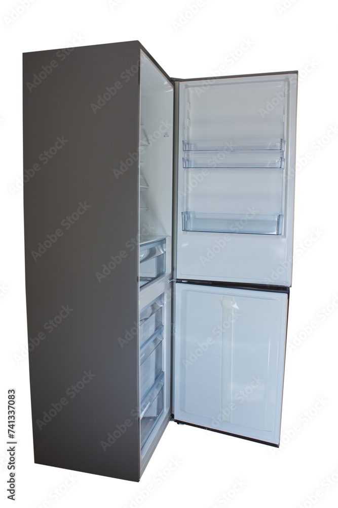 open gray refrigerator isolated, new refrigerator side view open, Open ...