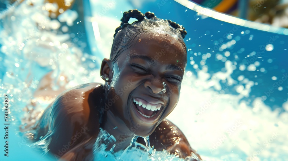 Happy african american child middle school girl sliding from water ...