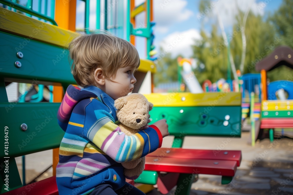 child on a colorful playground bench, clutching a stuffed toy Stock ...