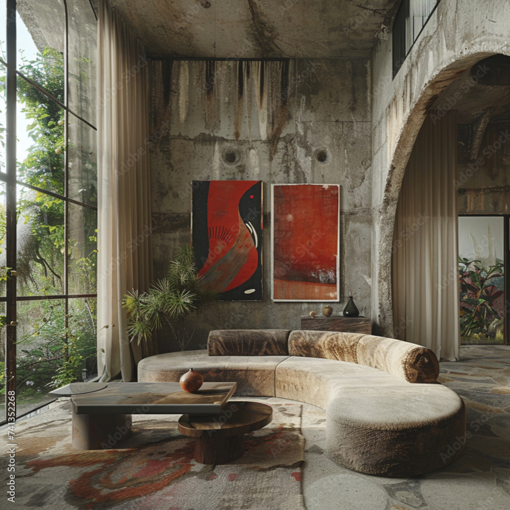 a communal room with round walls is shown with a couch, art, curtains ...