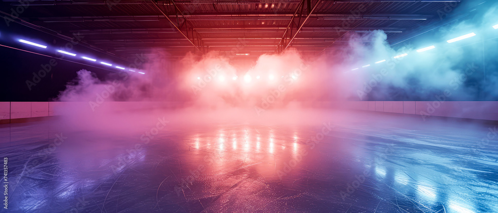 Red Ice Rink Background. Professional Arena illuminated neon lights ...