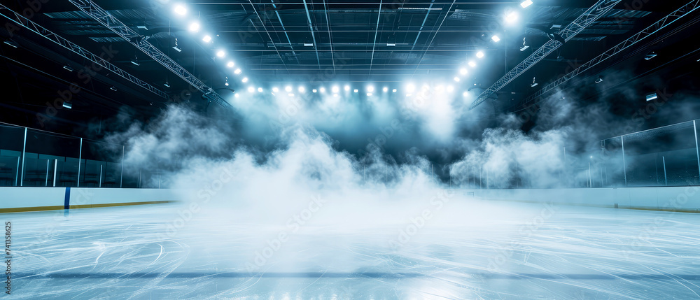 Blue Ice Rink Background. Professional Arena illuminated neon lights ...