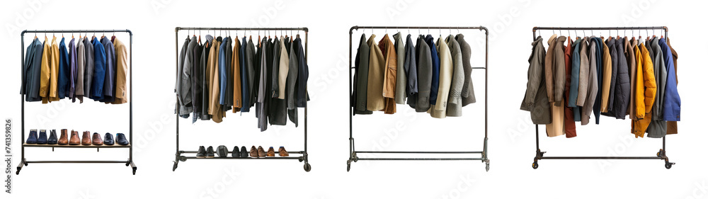 Set of clothing rack of male designer clothes on transparency ...