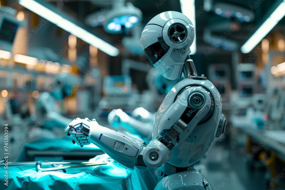 High-tech medical facility with robotic surgeons performing a complex ...