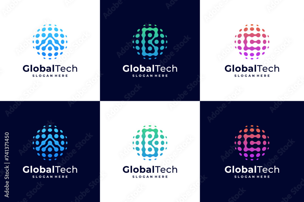 Initial letter A, B, C logo with global technology logo design vector ...