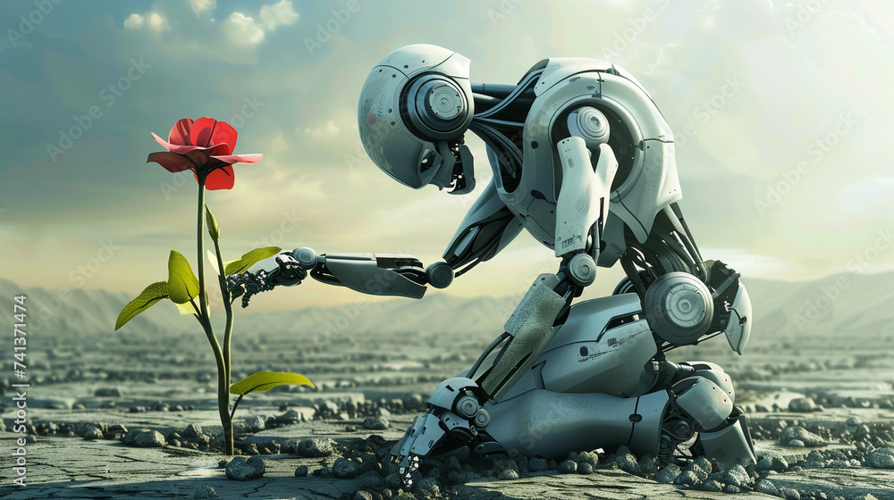 Illustration, an image of a humanoid robot planting a flower ...