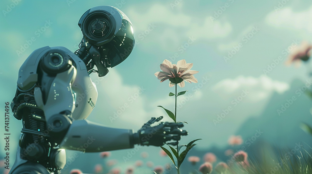 Illustration, an image of a humanoid robot planting a flower ...