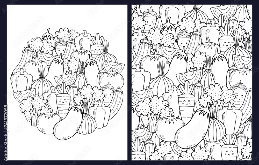 Doodle vegetables coloring pages set in US Letter format. Black and ...