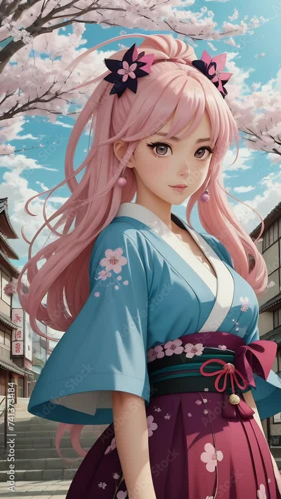 A portrait of beautiful young woman with pink hair wearing a ...