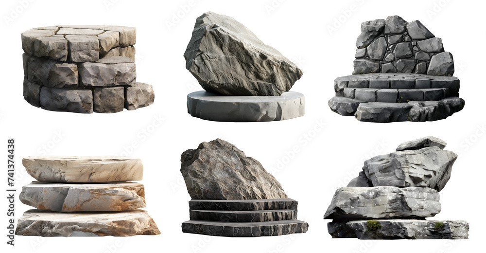 Collection set of big hard rock boulder stone podium stage display with ...