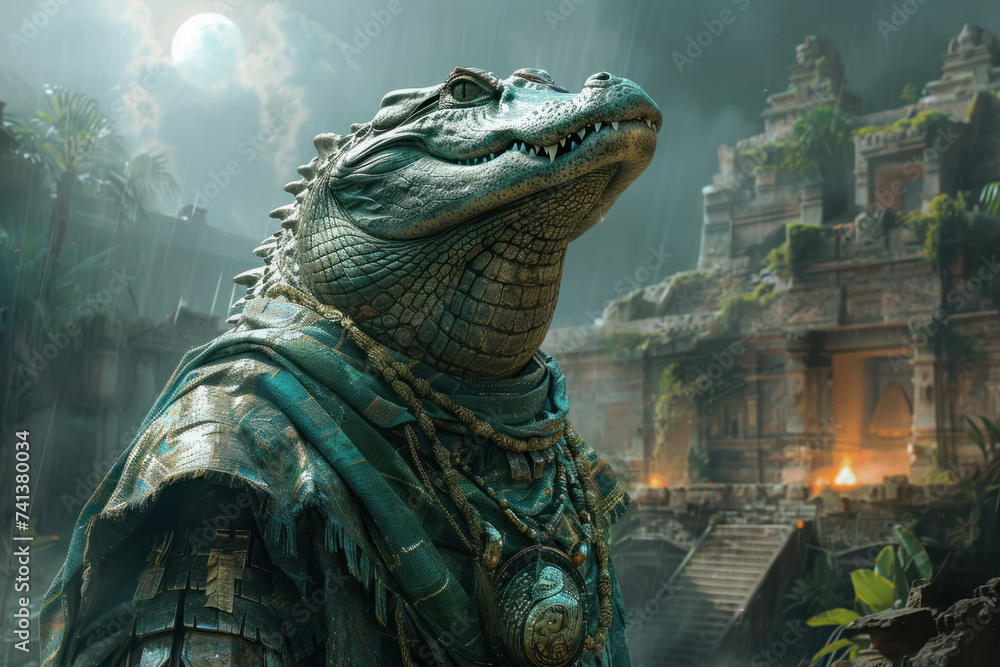 A formidable Alligator warrior standing guard over ancient artifacts ...