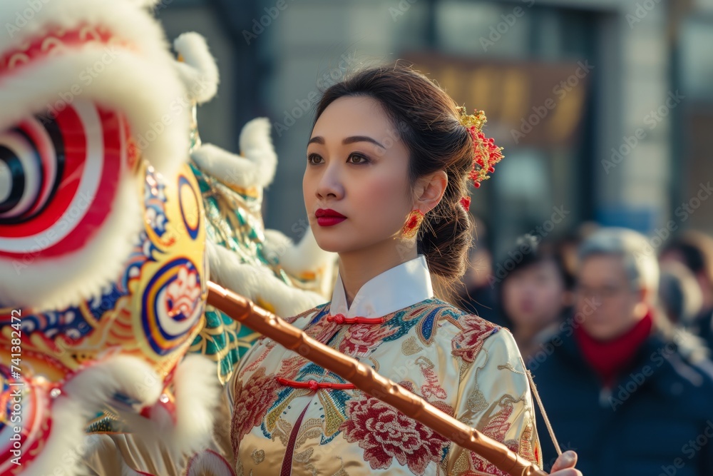 chinese woman in a qipao with a dragon dance prop at new year Stock ...