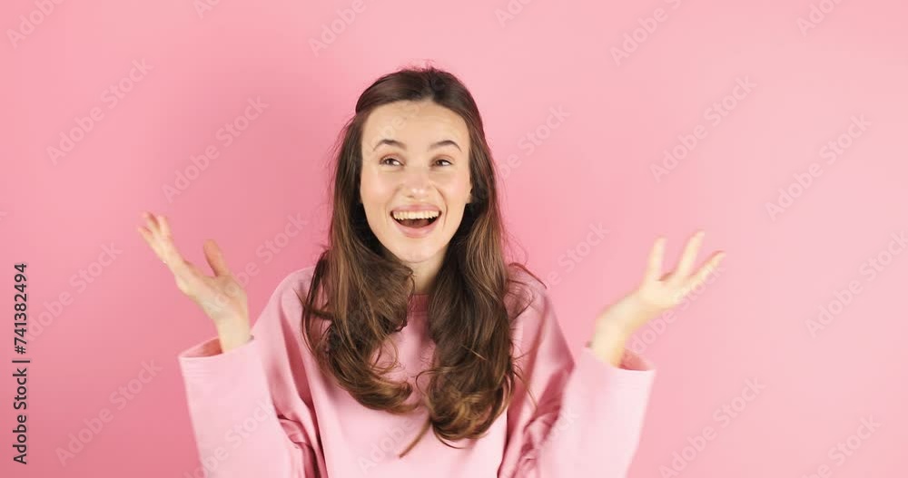 Happy woman open face, looking camera shocked surprised say wow cover ...