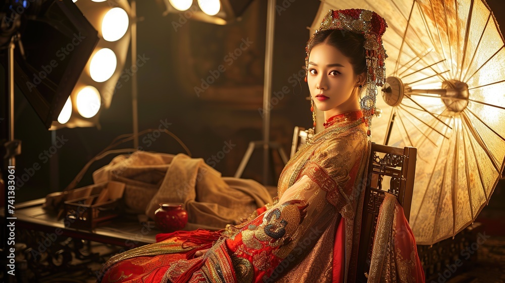 Captivating traditional actress on set, her gaze and the intricate ...