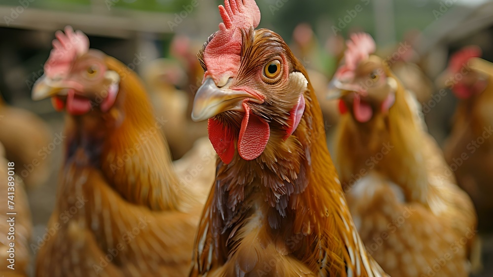chicken with a red comb and glossy brown feathers stands in the ...