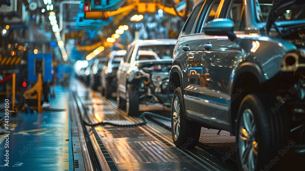 A modern car assembly line displays vehicles at different stages of ...