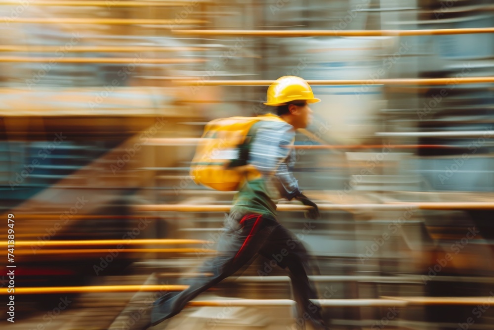 worker, donned in a yellow helmet and a backpack, is captured in motion ...