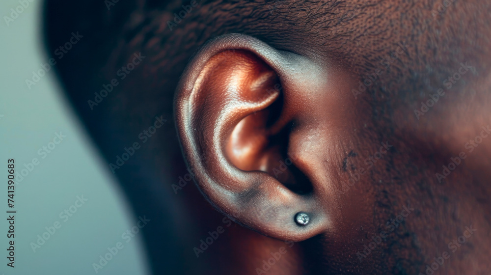 Side view portrait of African-American man wearing earring. Close-up of ...