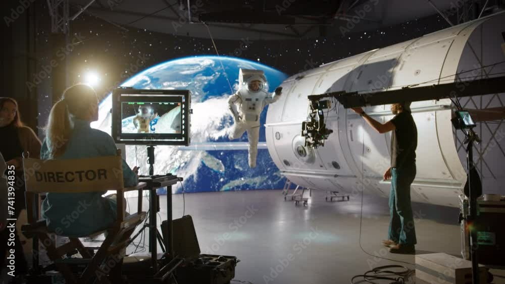 Female Directing a Movie Sequence with an Astronaut in Open Space ...